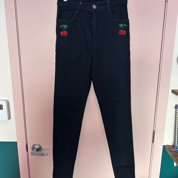 Collectif | Jeans | Collectif Dark Blue High Rise Jeans With Cherry ...